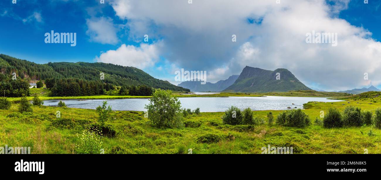 Lofoten fjord summer overcast view Stock Photo - Alamy
