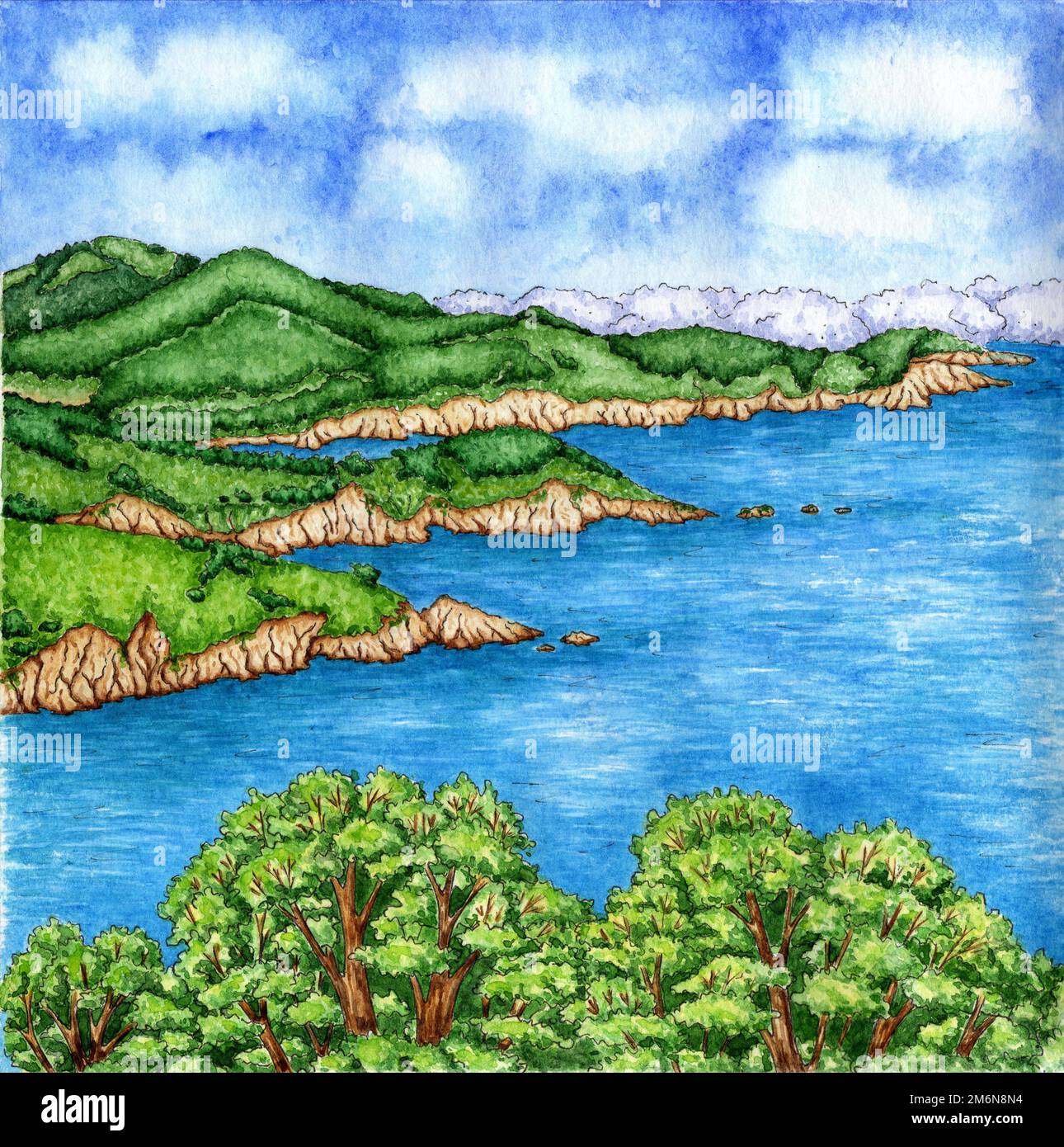 Watercolor illustration of a sea view on a bright sunny day. Seascape ...