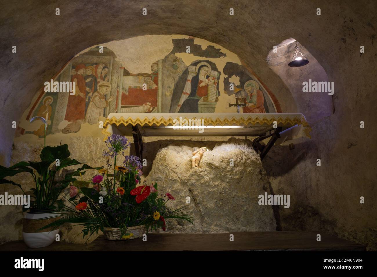 Nativity Cave in Santuario di Greccio erected by St. Francis. In this ...