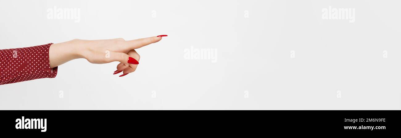 Human hand pointing at right direction isolated over white background ...