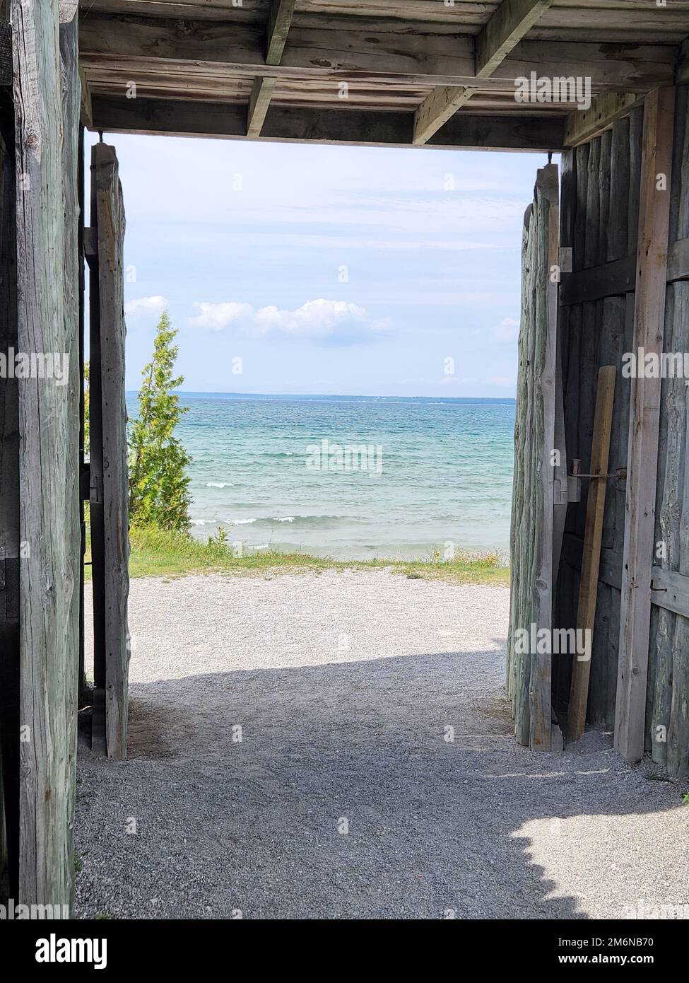 A view of the lake from the old open doors of Fort Michilimackinac in ...