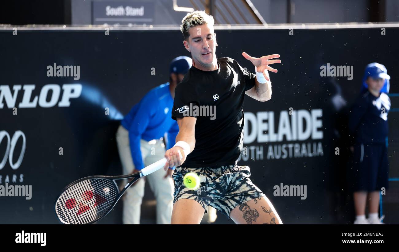 Adelaide, Australia, 5 January, 2023. Thanasi Kokkinakis of Australia plays a forehand during ...