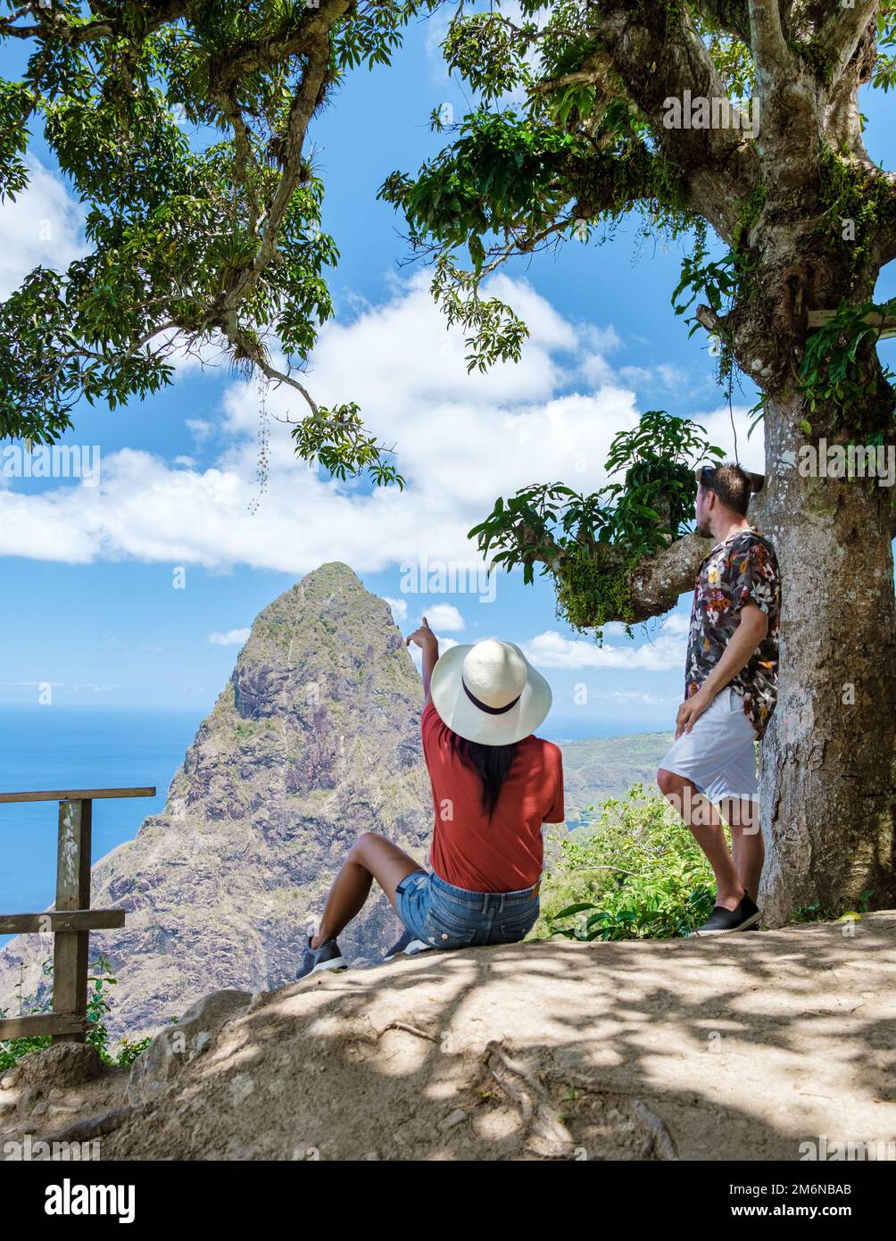 Couple hiking in Saint Lucia Caribbean, nature trail in the jungle of ...