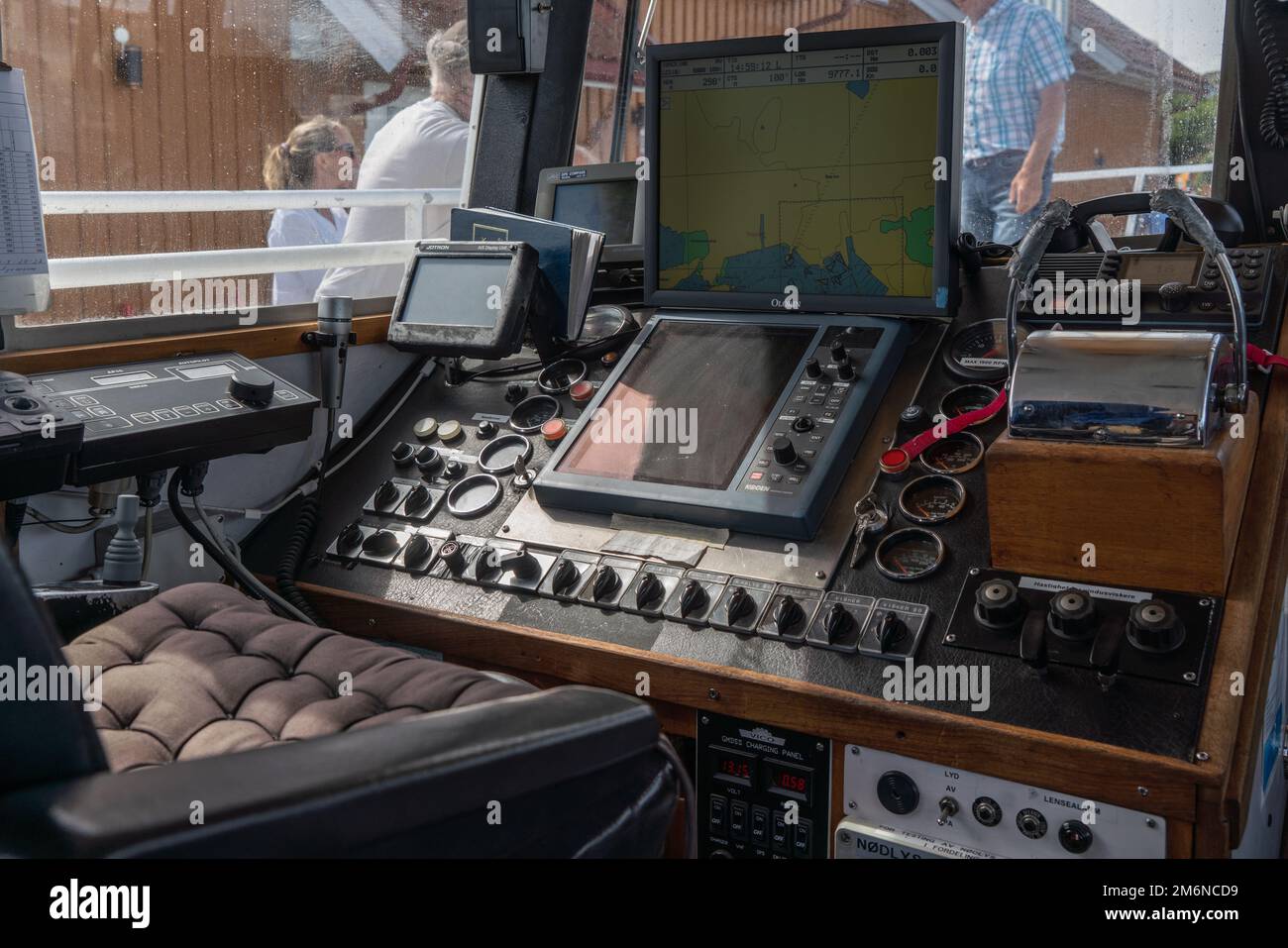 Helm in the boat to the lighthouse Svenner Fyr off Larvik, Norway Stock ...
