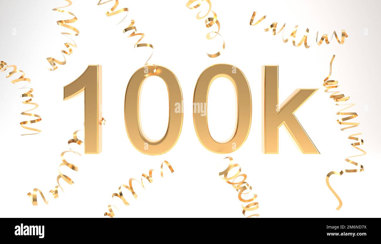 100k followers symbol with confetti 3d rendering. Gold 100k 3d number ...