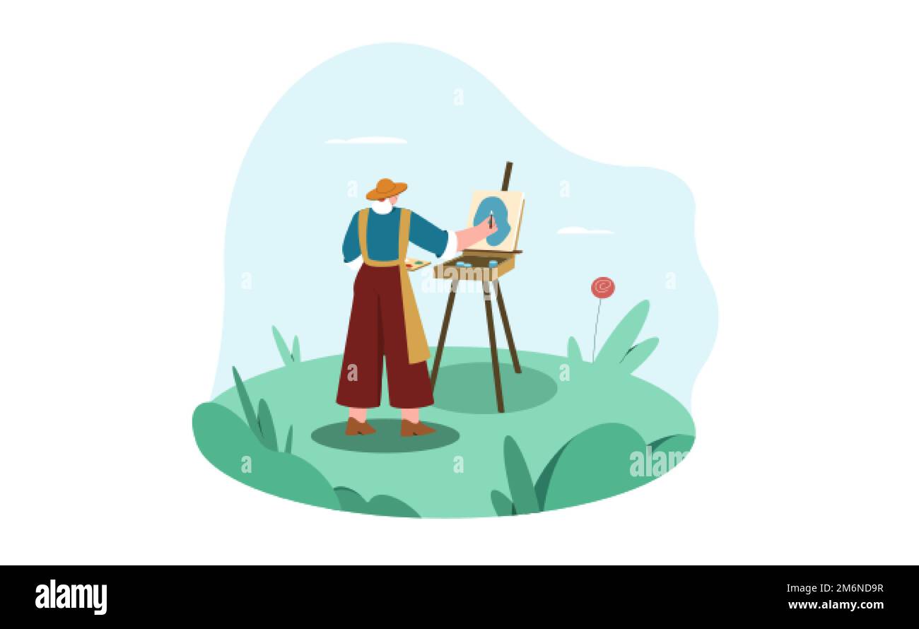 Flat aged woman artist painting on canvas in summer park. Painter ...