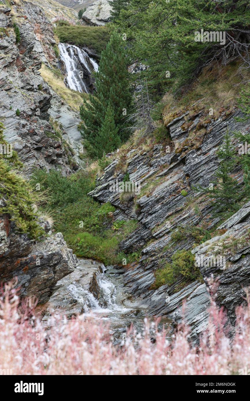 Alpine Lillaz waterfall (Cascate di Lillaz) rushes along granite gorge ...
