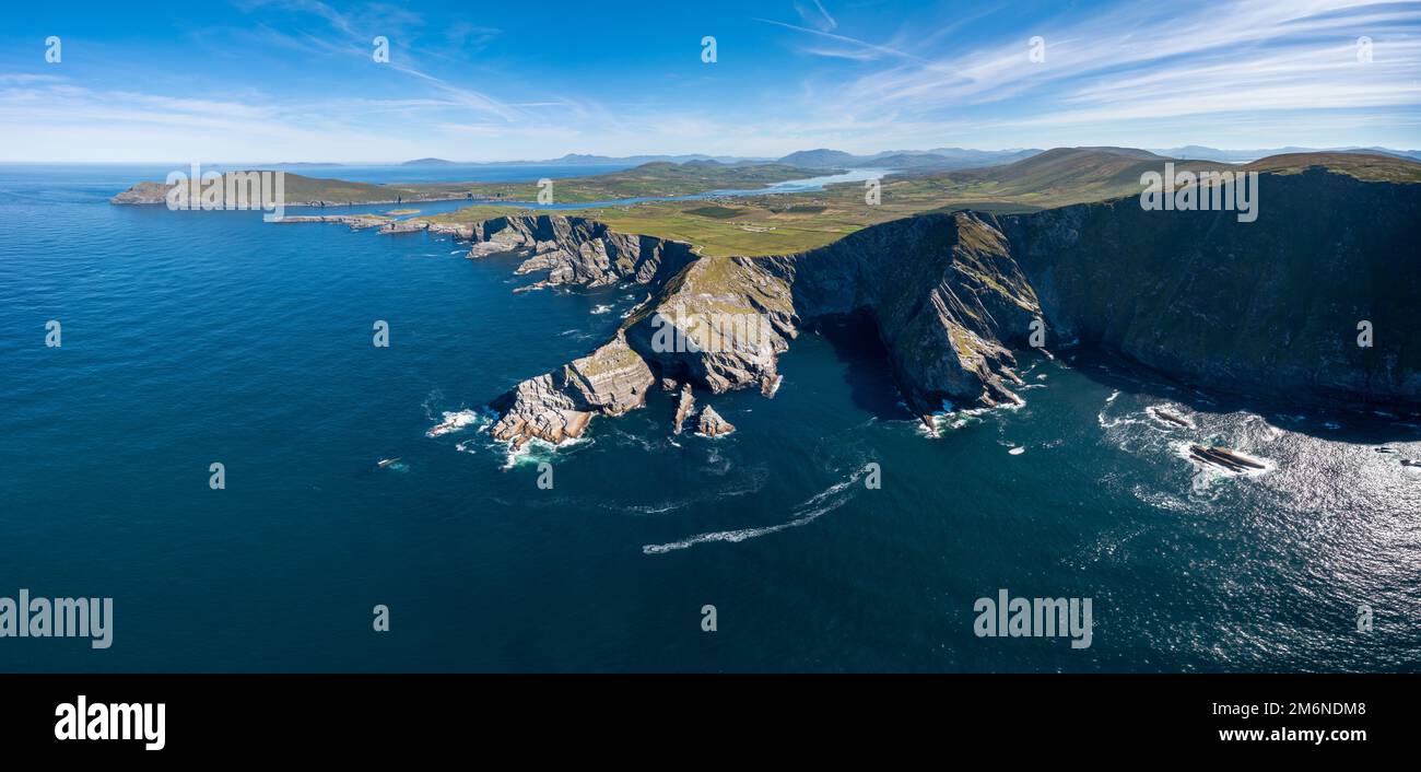 Aerial panorama landscape view of the Kerry Cliffs and Iveragh ...