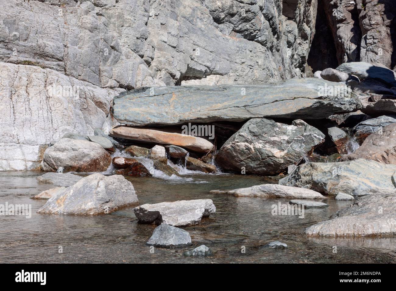 Pond with crystal clear running water and small pebbles and sands ...