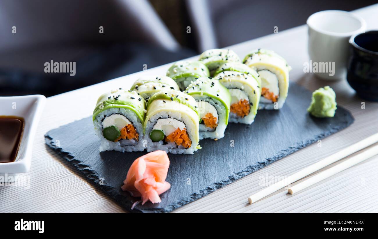 Vegan Uramaki Sushi with vegetables . Vegetarian Japanese Food Stock ...