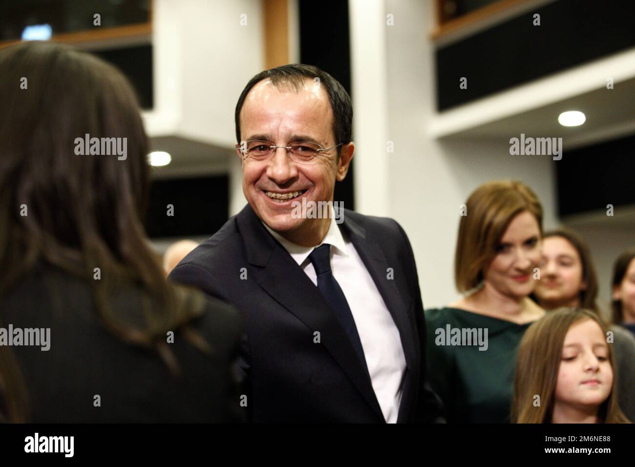 Nicos Christodoulides greets committee members during his nomination ...