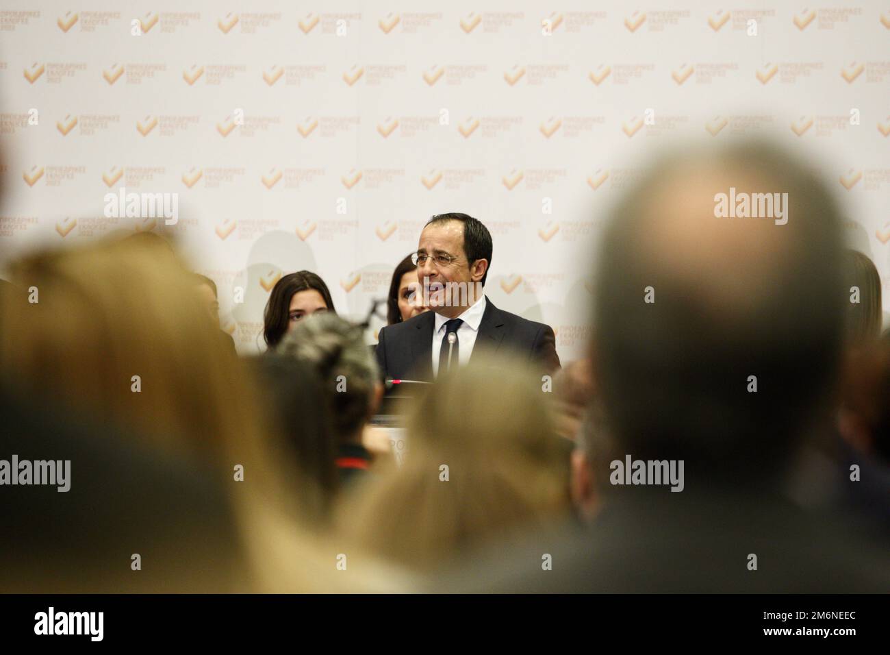 Nicos Christodoulides talks to the press during his nomination for the ...