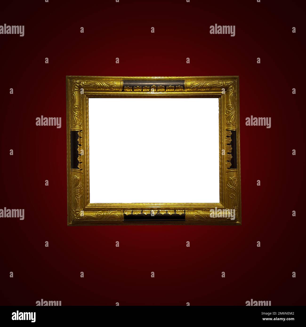 Antique art fair gallery frame on royal red wall at auction house or ...