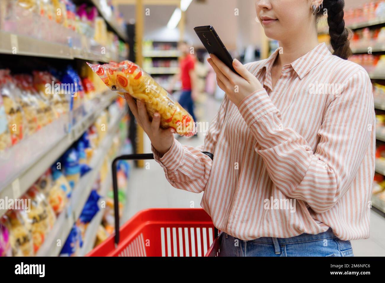 Shopping and sales. Close up of young caucasian woman scan qr code of ...