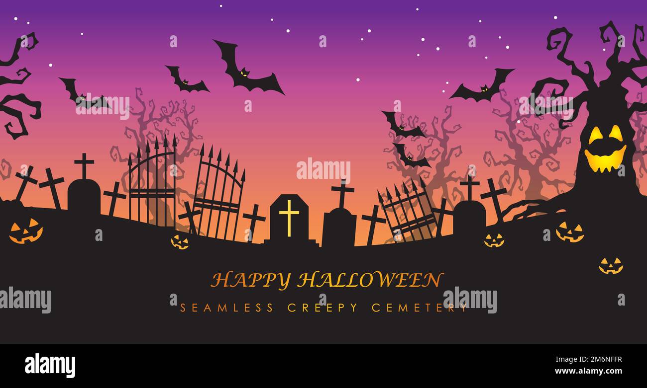 Happy Halloween vector seamless cemetery background illustration with ...