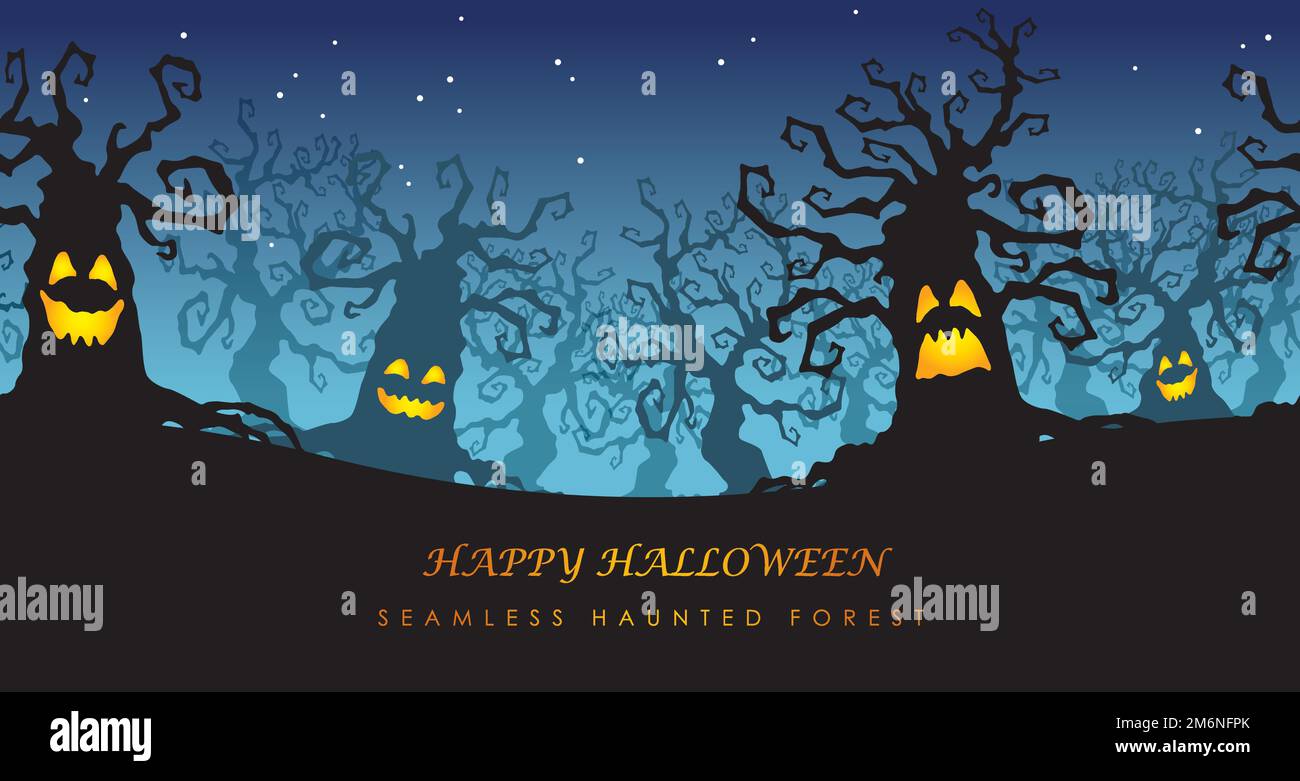 Happy Halloween Seamless Haunted Forest Vector Illustration With Text ...