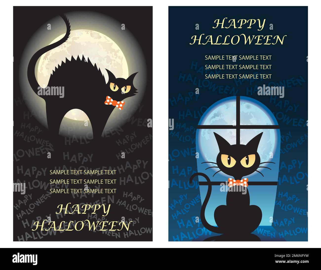 Happy Halloween Vector Greeting Card Template Set With Black Cats Stock ...