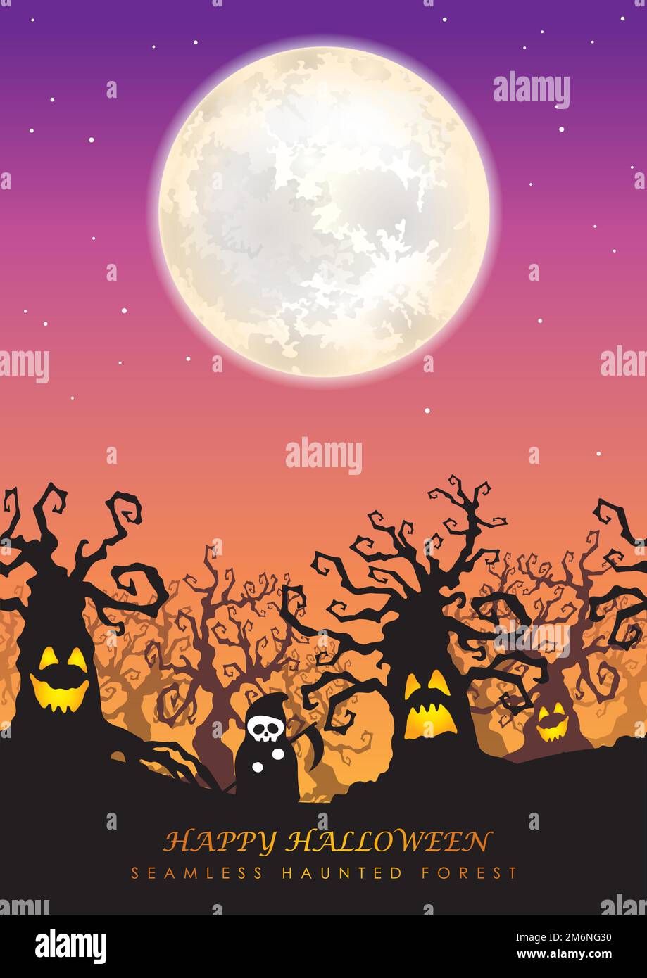 Happy Halloween Vector Seamless Haunted Forest Background With Full ...