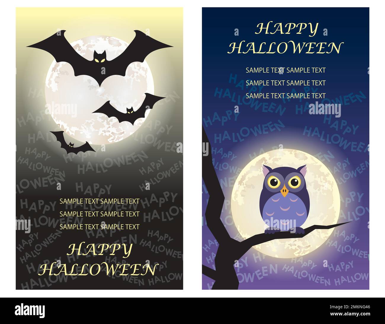 Set Of Happy Halloween Vector Greeting Card Templates With Bats And An ...