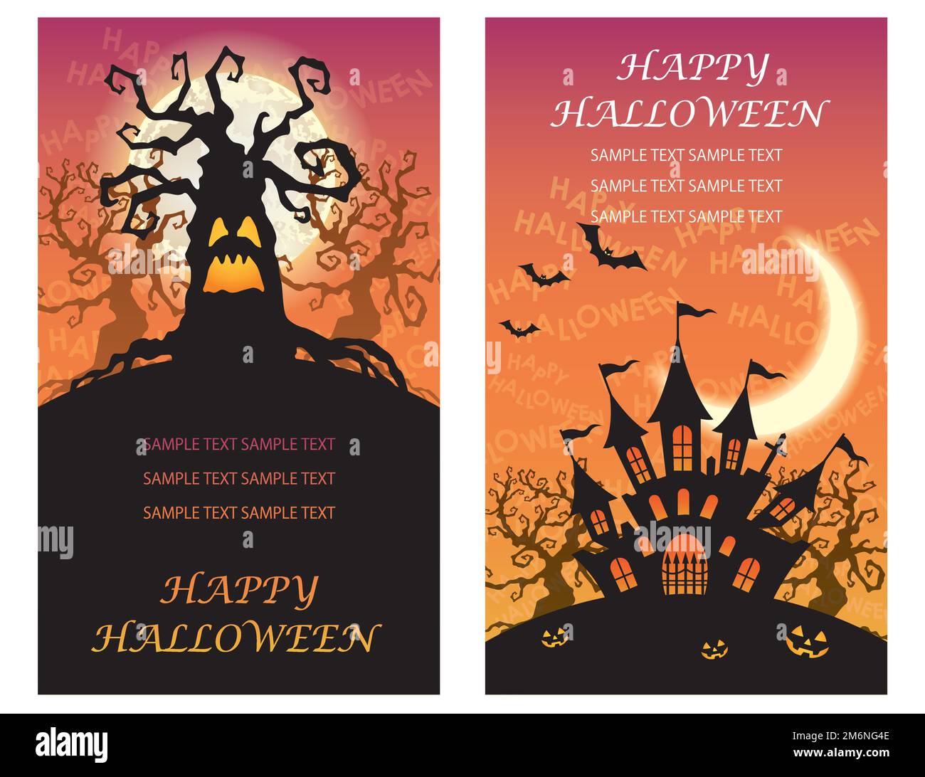 Set Of Two Happy Halloween Vector Greeting Card Templates With Haunted ...