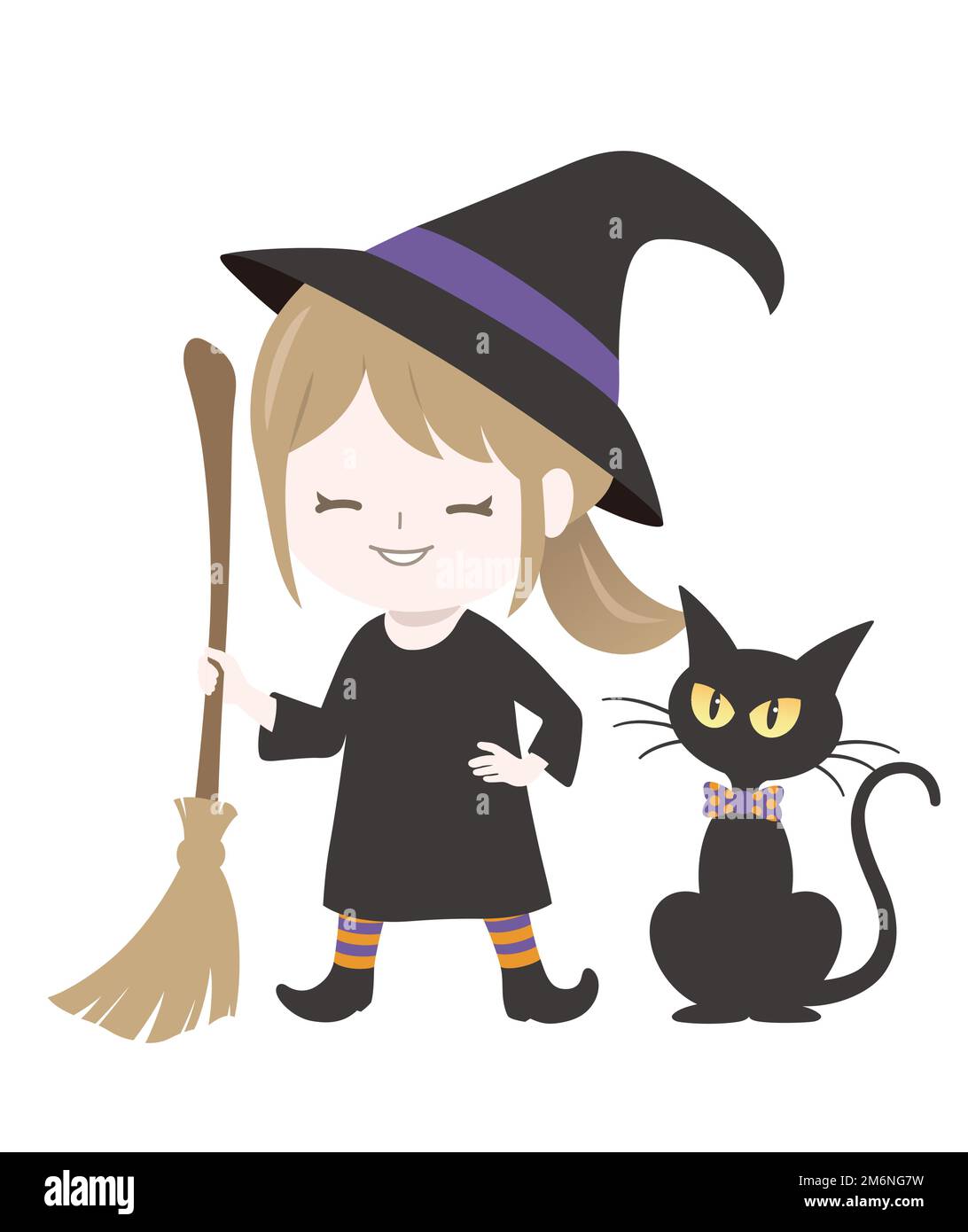 Cute Witch With A Black Cat Holding Her Magic Brooms Isolated On A ...