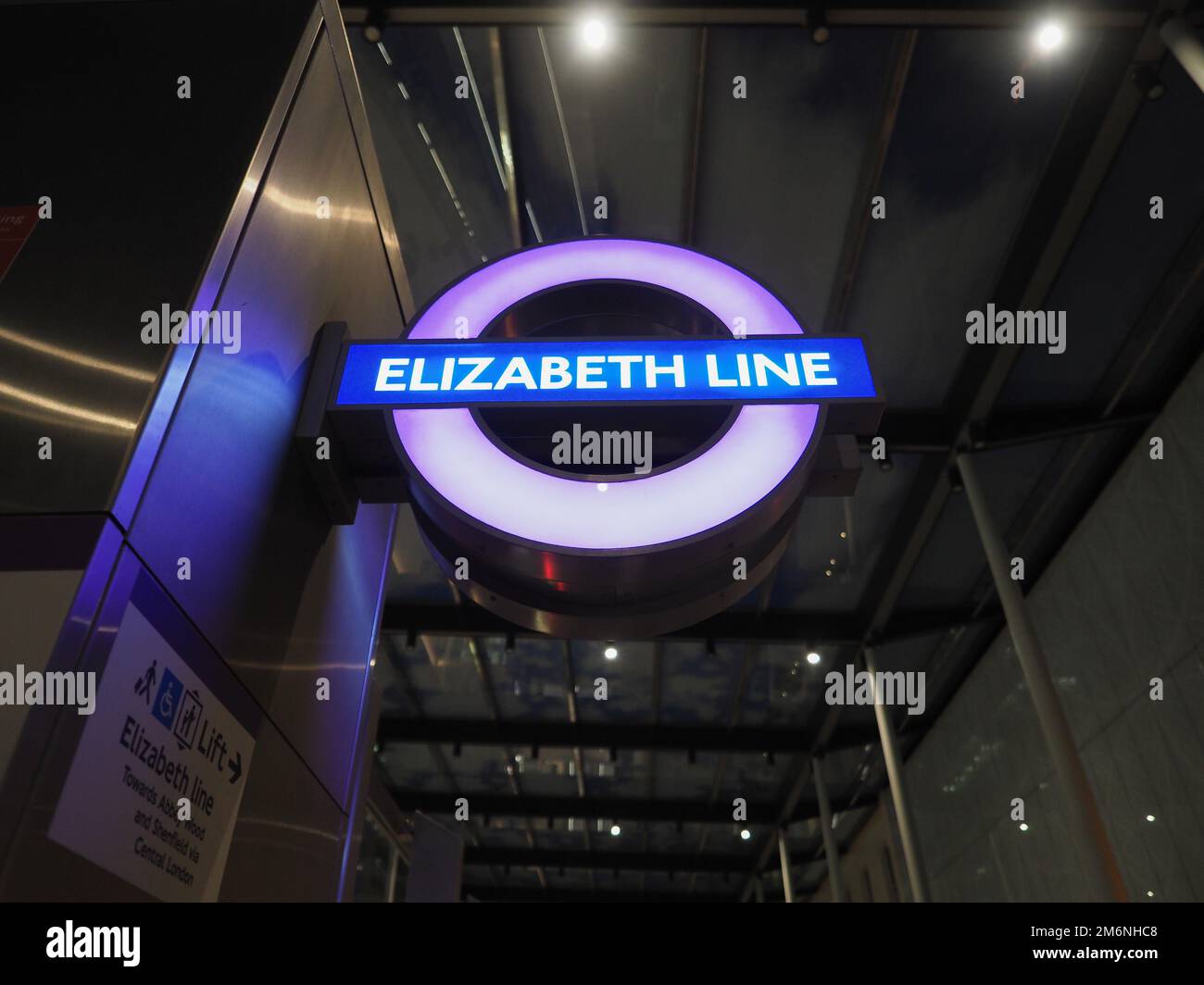 LONDON, UK - CIRCA OCTOBER 2022: Elizabeth Line tube station roundel at ...