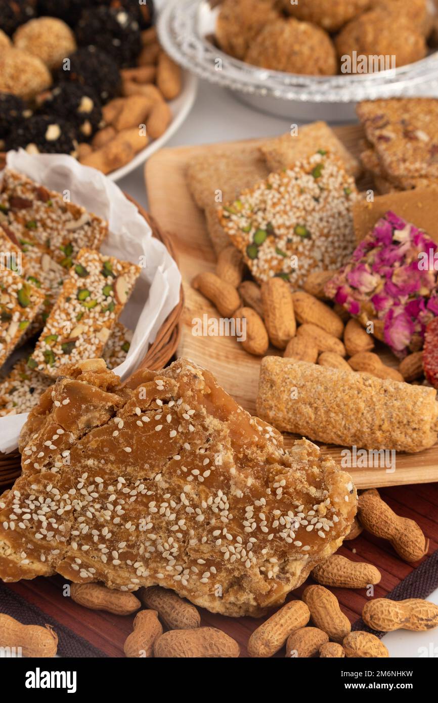 Gulab Gajak Mithai, Pista Gazak, Til Patti Or Papdi, Til Laddu Or Ladoo ...