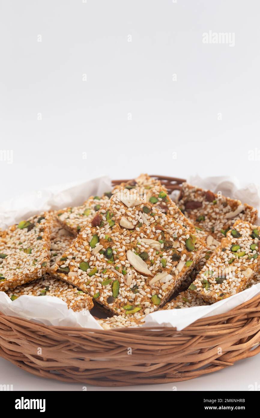 Pista Badam Gajak Patti Or Tilgul Papdi Chikki Gazak Or Gachak Bar Made ...