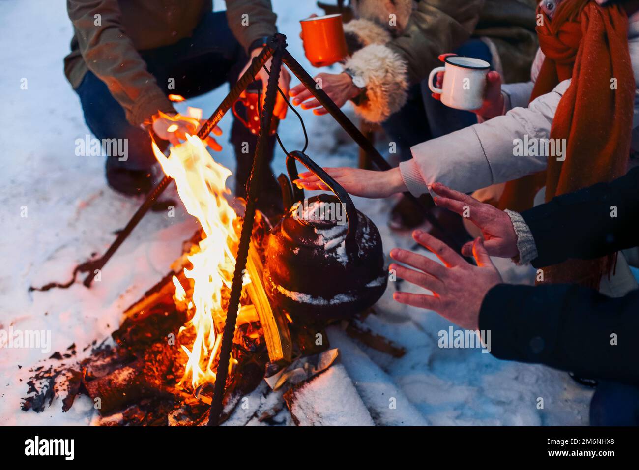 Group of friends gathering around bonfire in backyard, drinking tea and ...