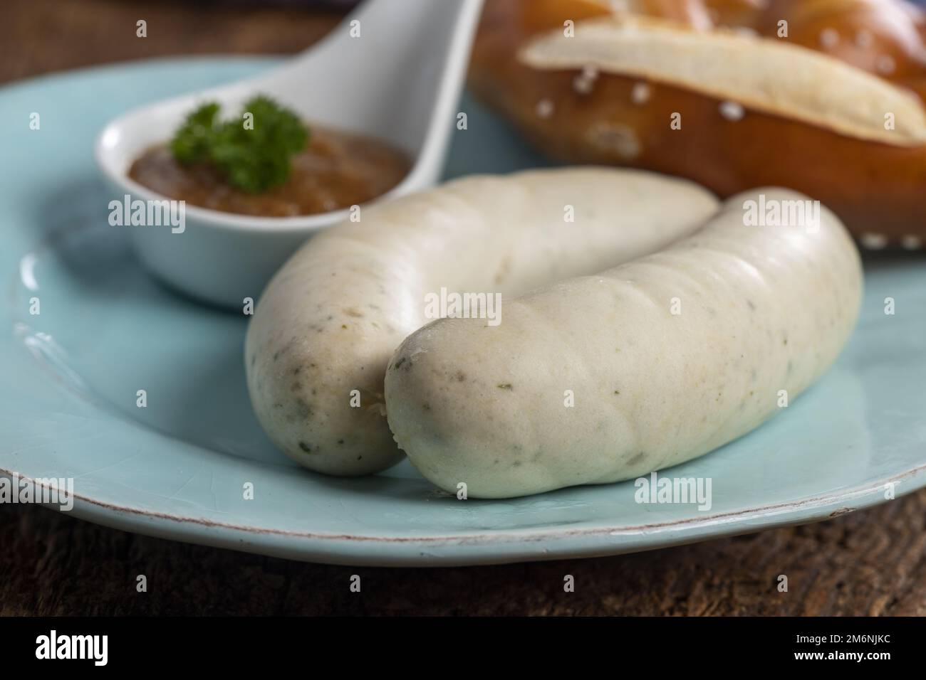 Pair of Bavarian veal sausages Stock Photo - Alamy