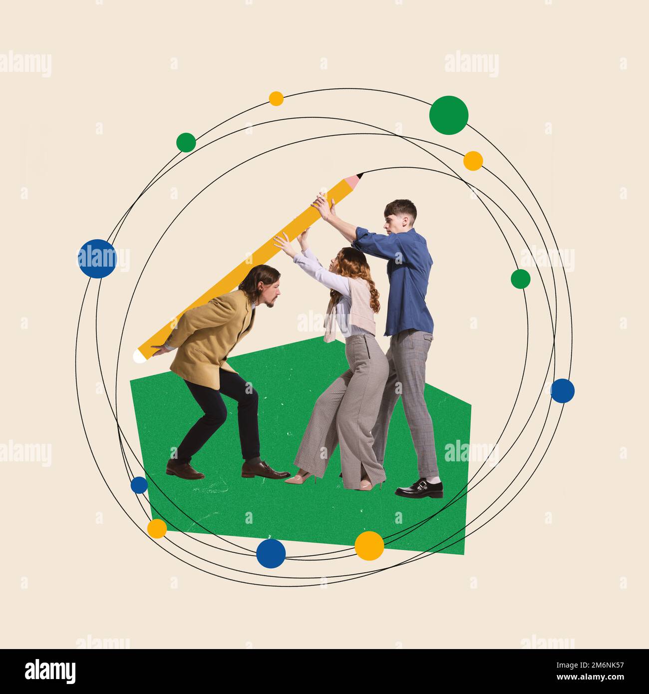 Contemporary art collage. Creative design. Employees holding pencil ...