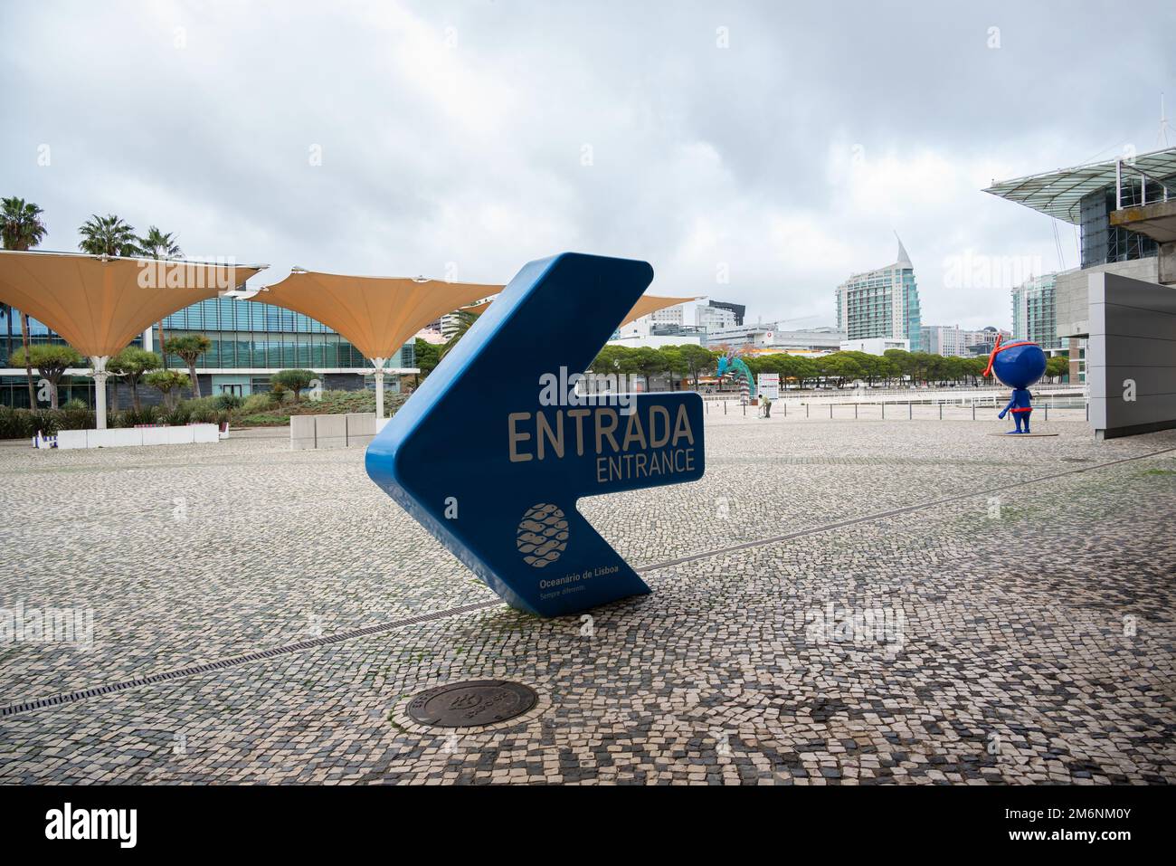 View of the entrance sign of the Oceanarium building at Lisbon ...