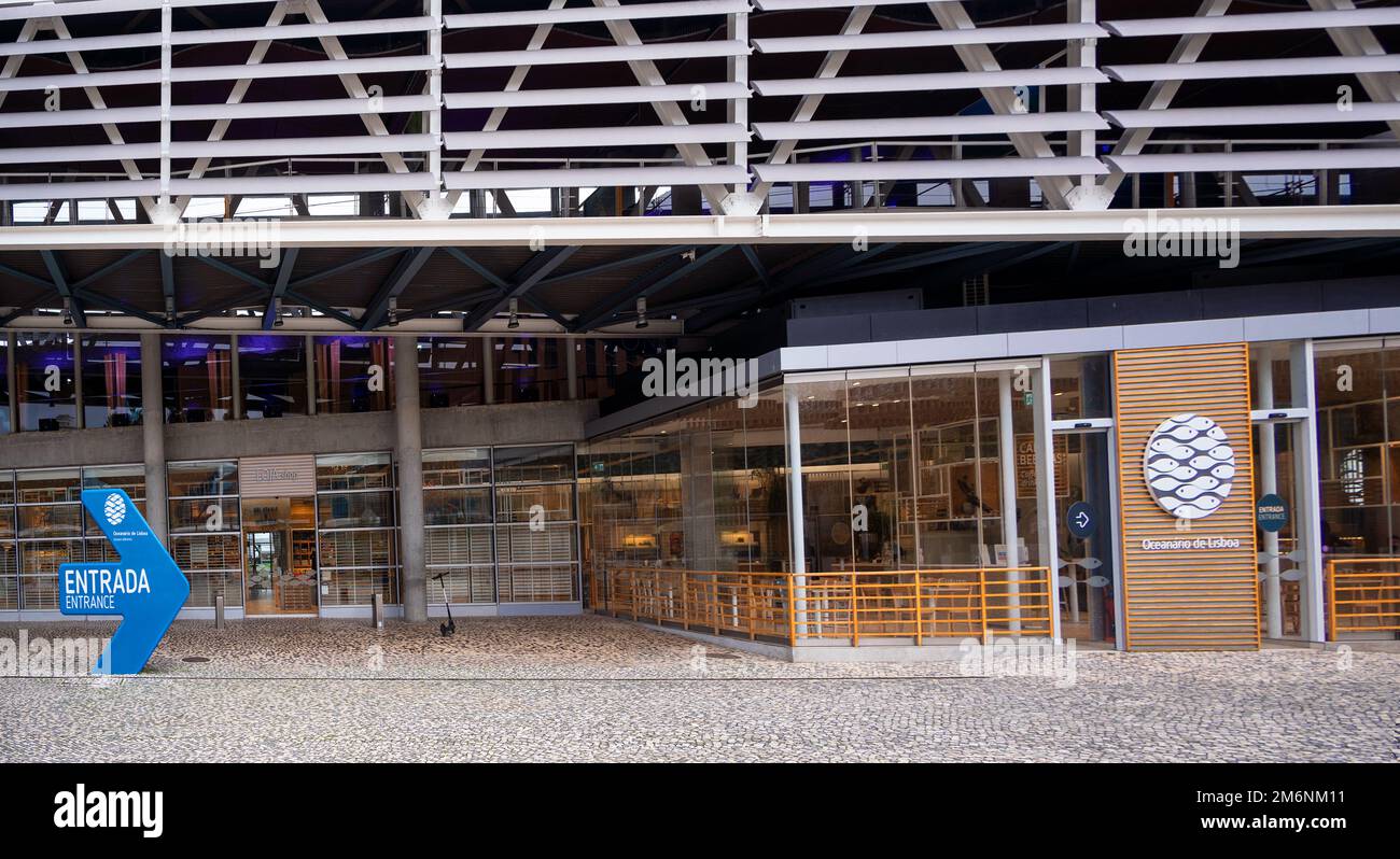 View of the entrance sign of the Oceanarium building at Lisbon ...
