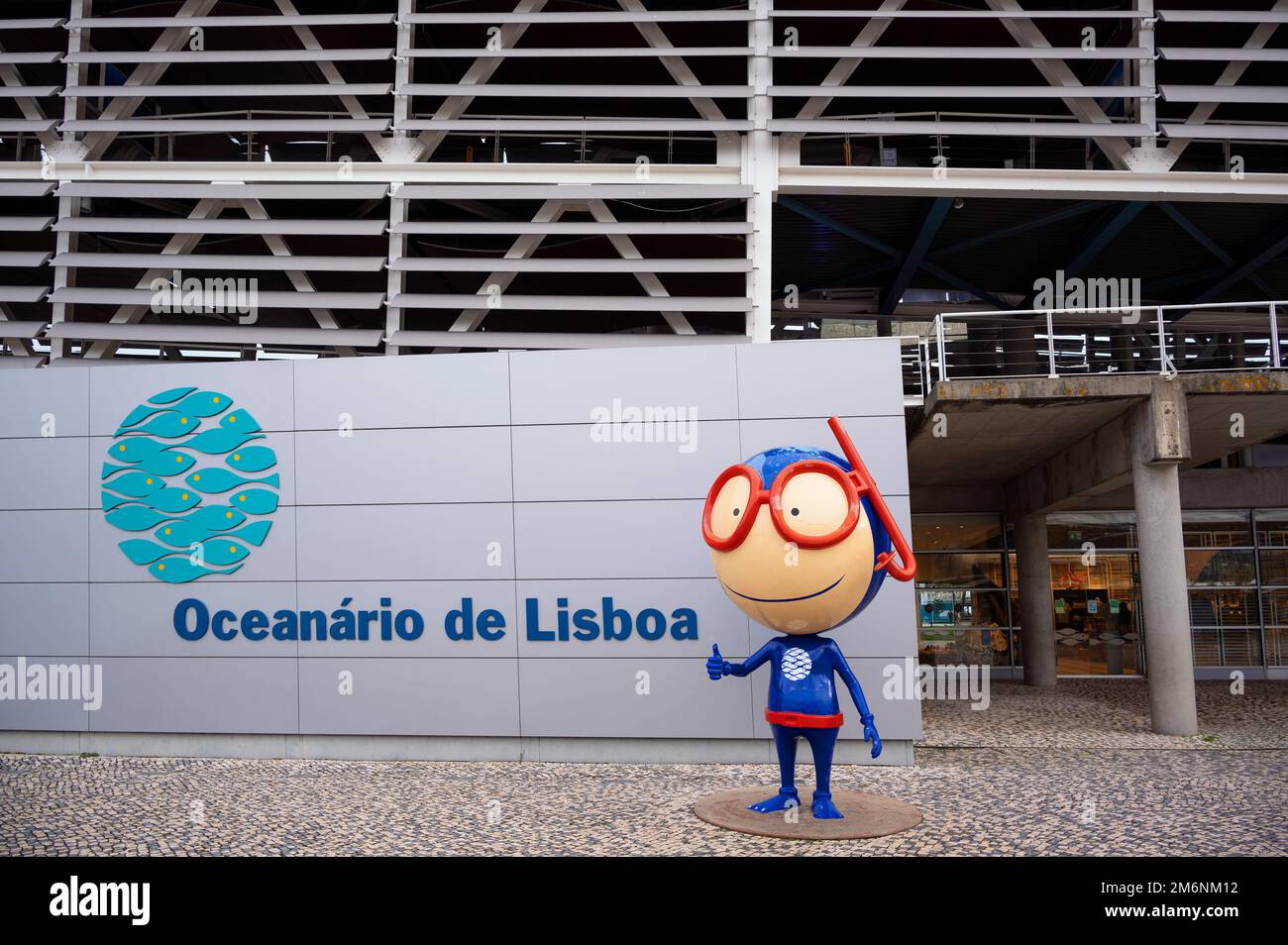 View of the entrance sign of the Oceanarium building at Lisbon ...