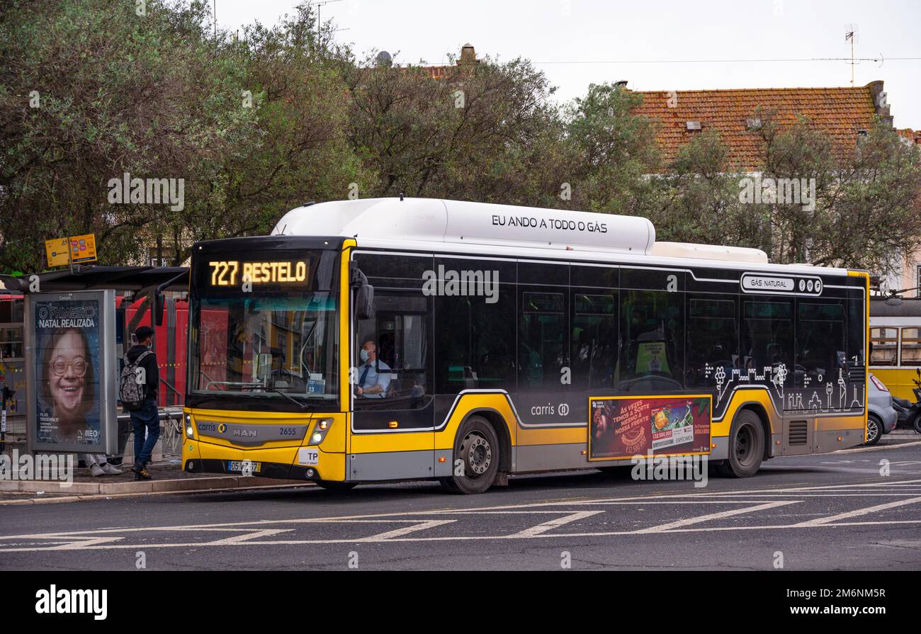 View of a traditional city bus for passengers driving through the ...