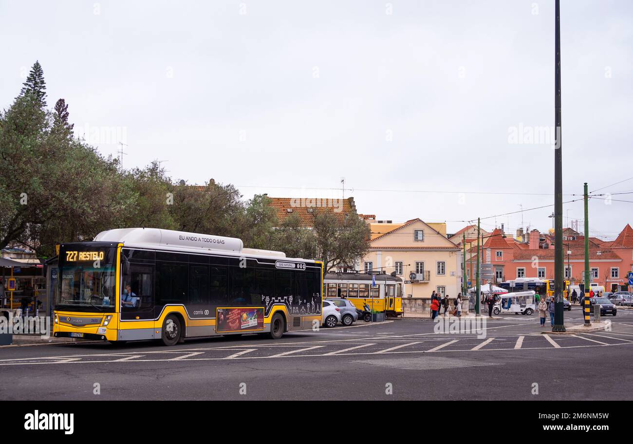 View of a traditional city bus for passengers driving through the ...