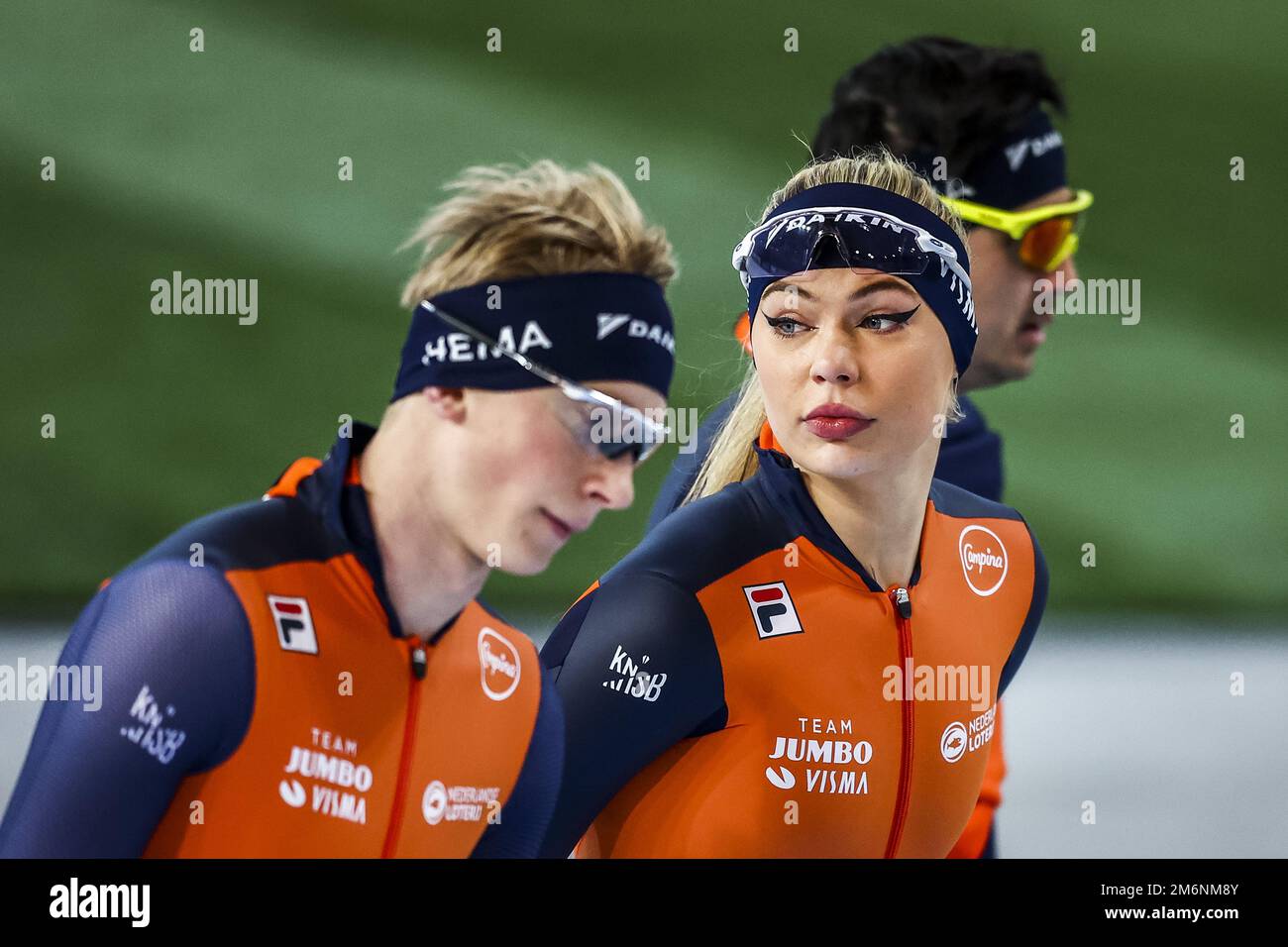 HAMAR - Merijn Scheperkamp, Jutta Leerdam and Kai Verbij (lr) during a ...