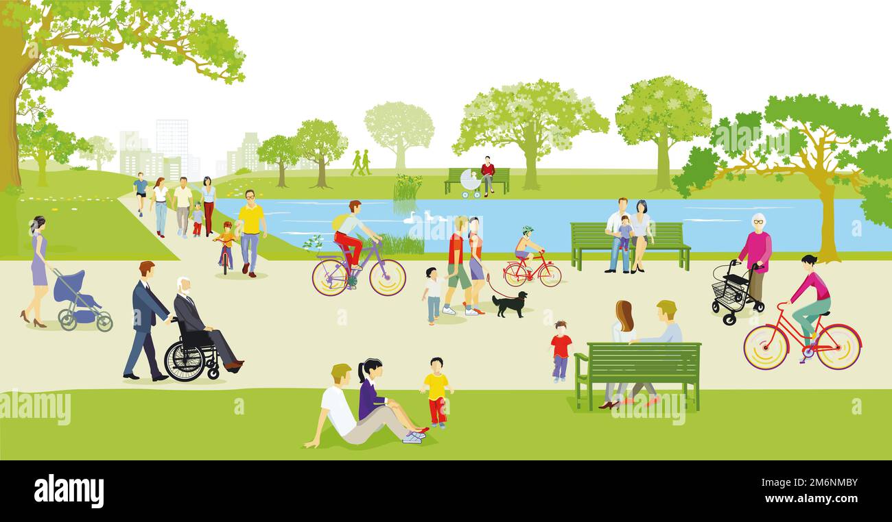 Families and other people have a leisure time in nature, illustration ...