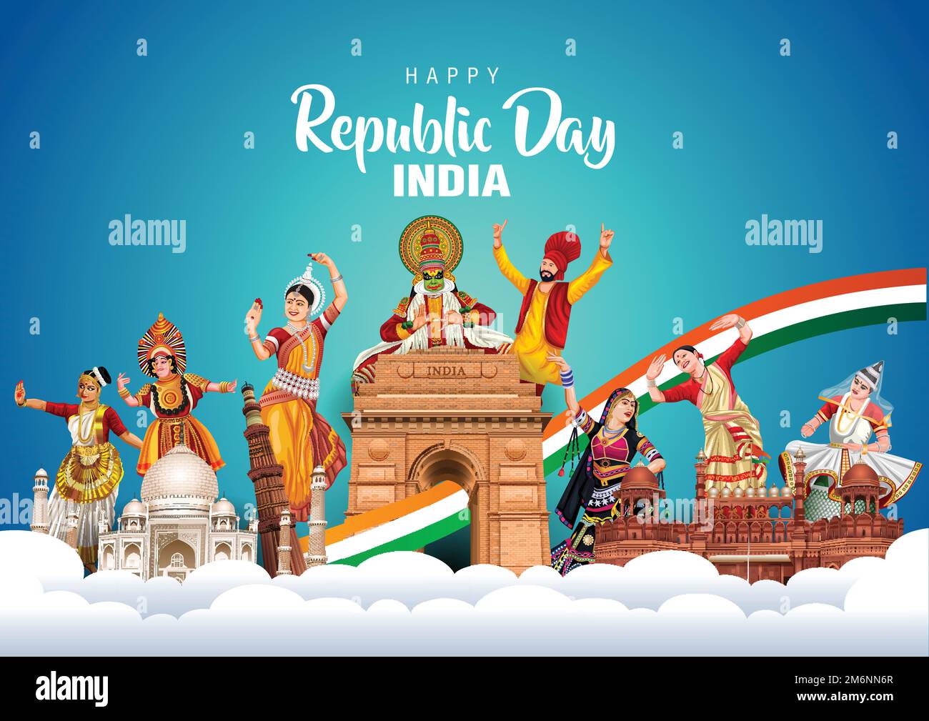 Happy Republic Day India 15th august. Indian monument and Landmark with ...