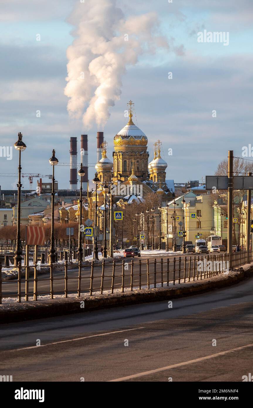 Church of the Dormition of the Mother of God with factory chimney in ...
