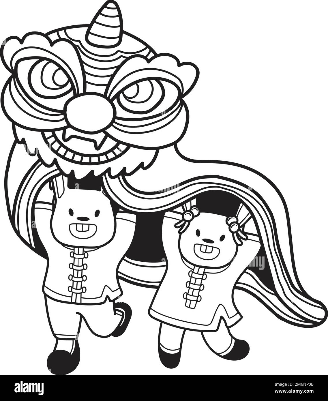 Hand Drawn Chinese lion dancing with a rabbit illustration isolated on ...