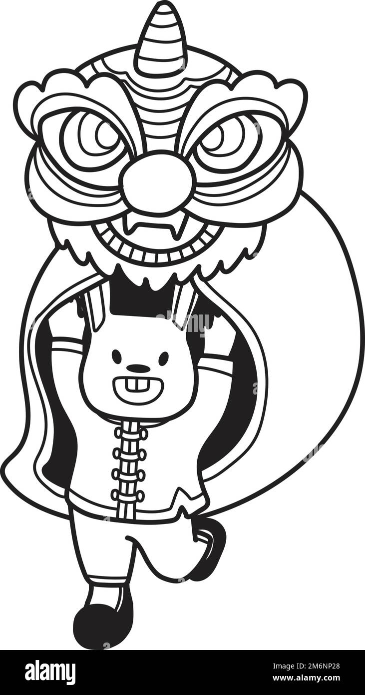 Hand Drawn Chinese lion dancing with a rabbit illustration isolated on ...