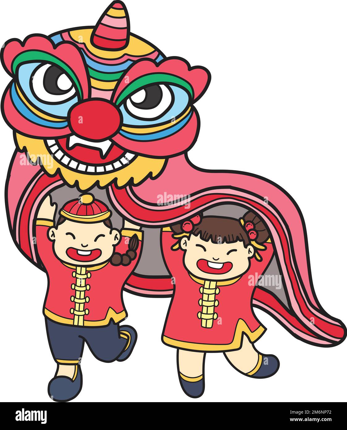 Hand Drawn Chinese lion dancing with Chinese children illustration ...