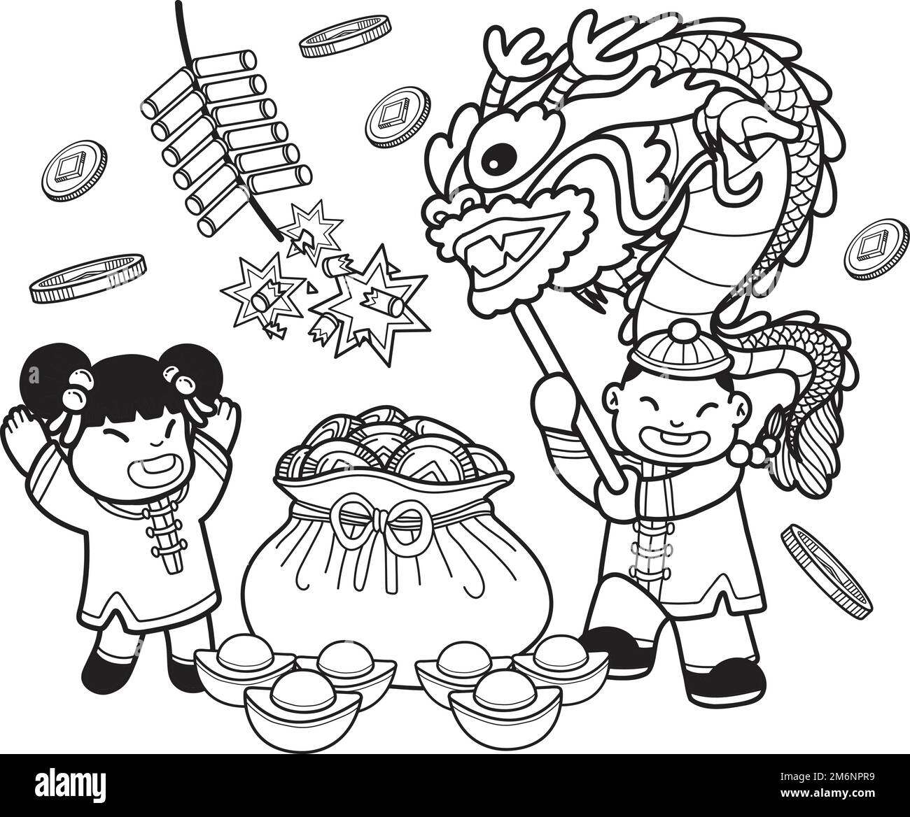 Hand Drawn Chinese boy dancing dragon with money bag and girl ...