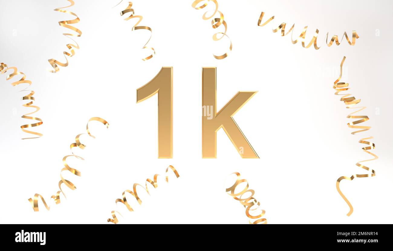 1k followers symbol with confetti 3d rendering. Gold 1k 3d number illustration on white ...