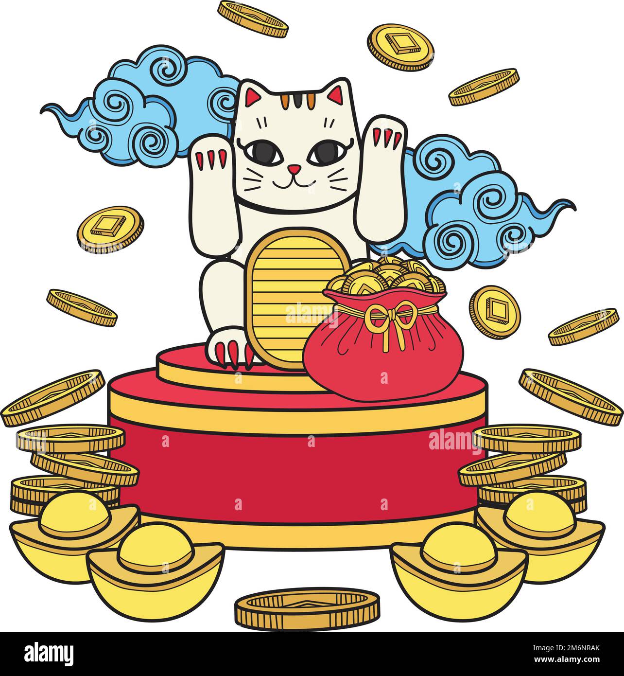 Hand Drawn lucky cat with money illustration isolated on background ...