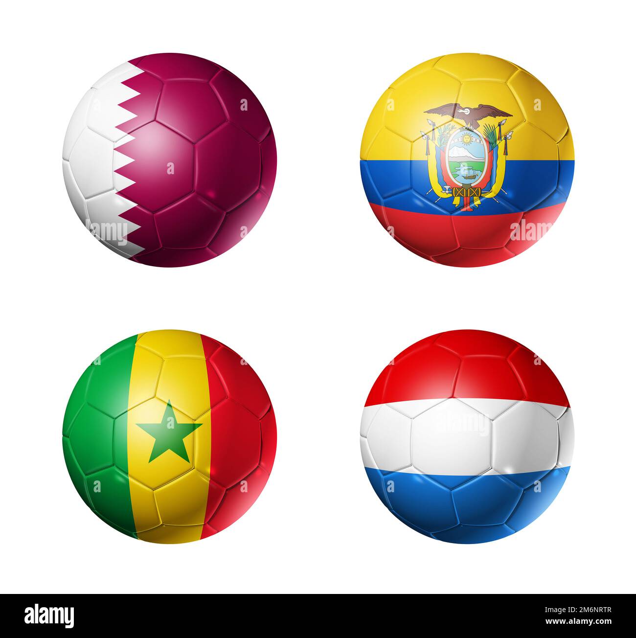 Qatar football 2022 group A flags on soccer balls. 3D illustration ...