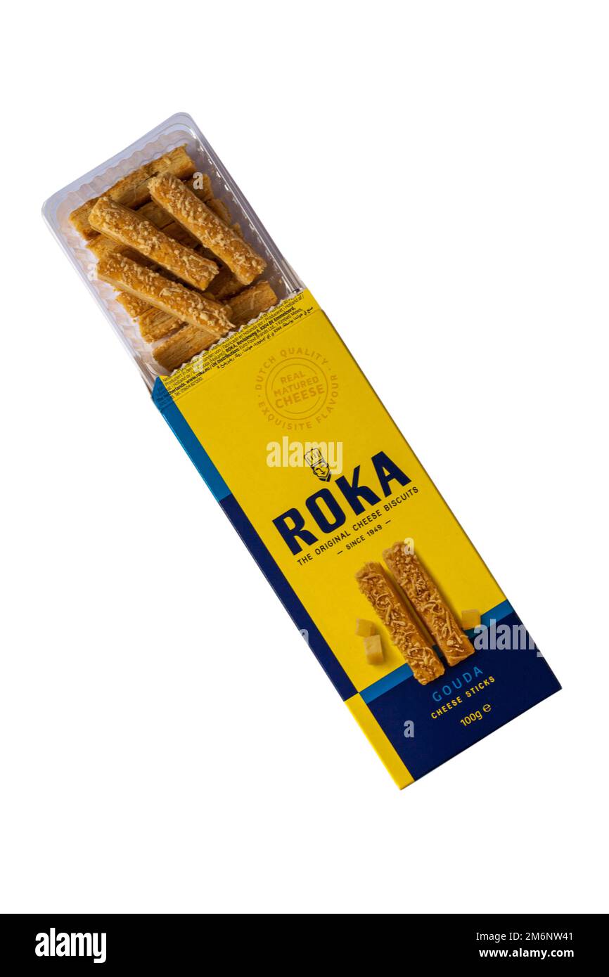 Box of Roka Gouda cheese sticks the original cheese biscuits opened to ...