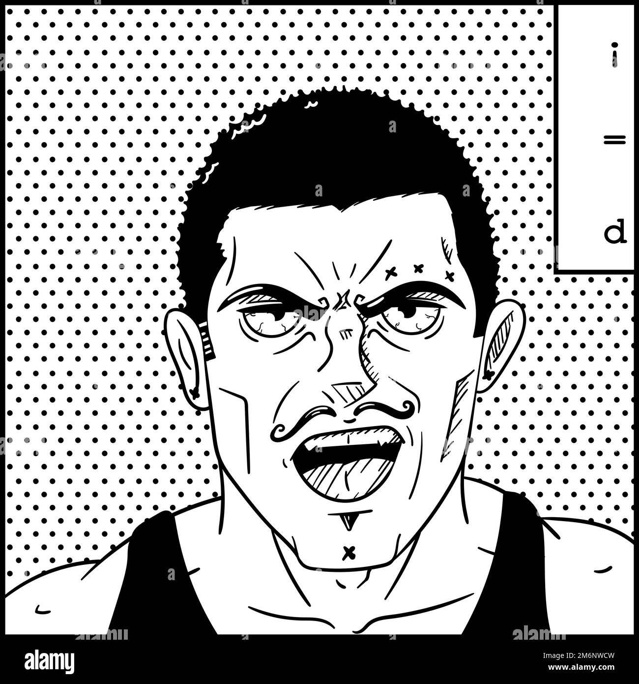 Anime poster. Man's face with vivid facial expression and big eyes in ...