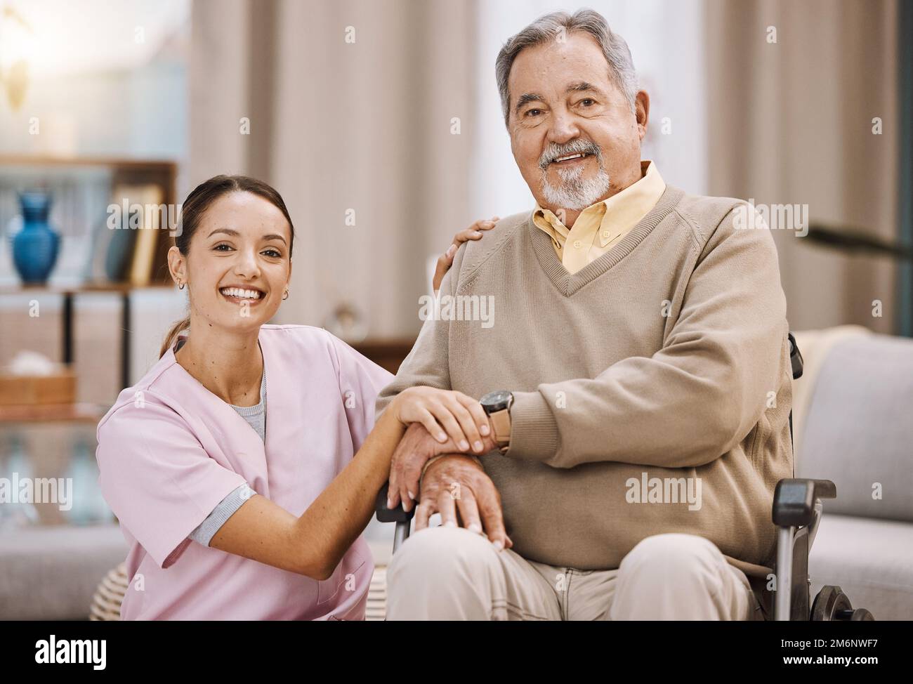 Healthcare, disability and man in wheelchair with nurse in retirement ...